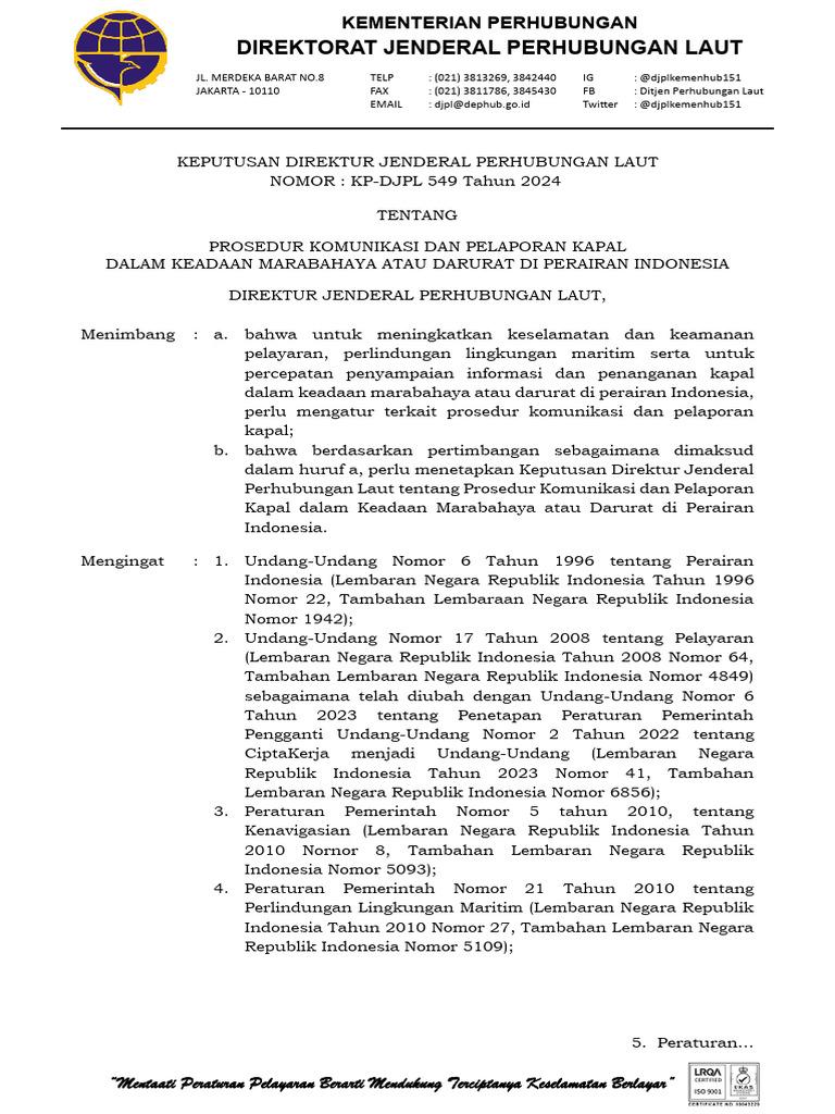 KP-DJPL 549 Tahun 2024 PROSEDUR KOMUNIKASI DAN PELAPORAN KAPAL | PDF