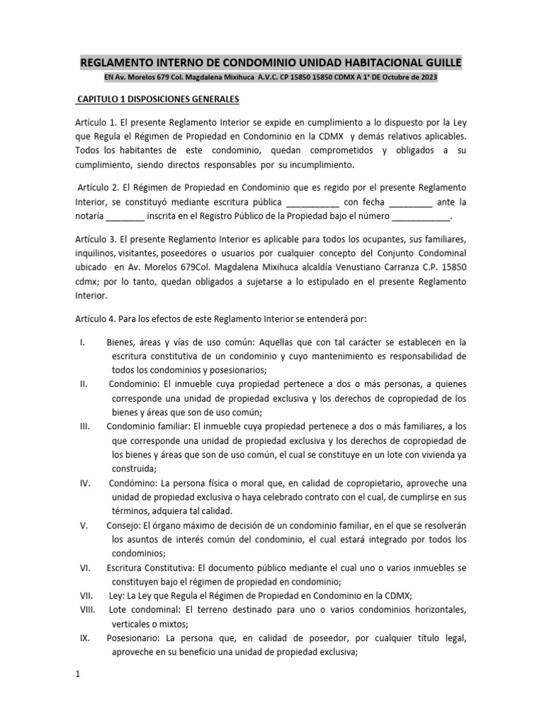 Reglamento Interno de Condominio Familiar Unidad Guille 1 | PDF | Condominio | Propiedad