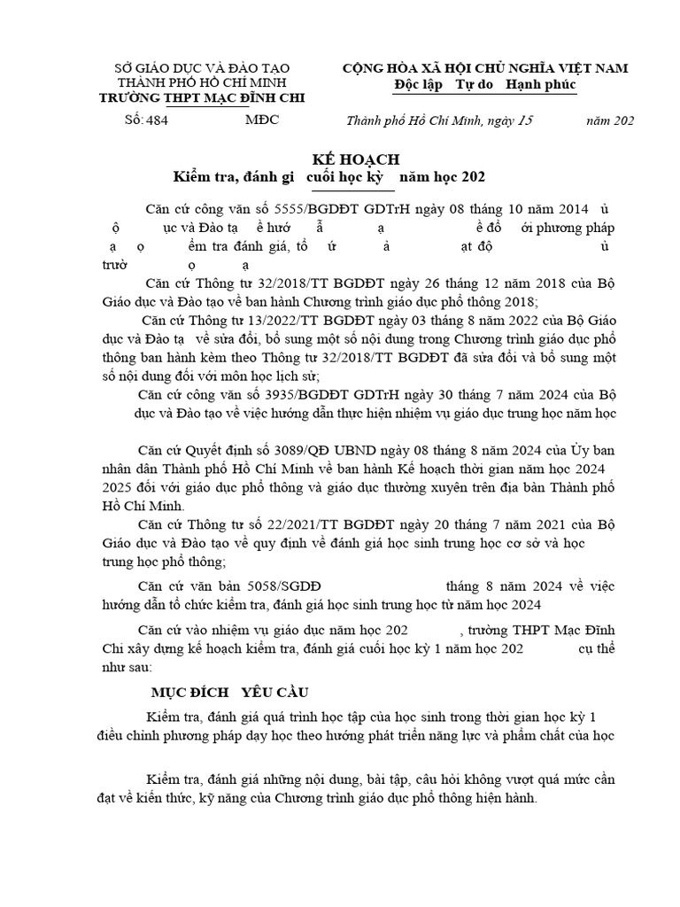 Ke Hoach Kiem Tra HK1 - 2024 2025 | PDF