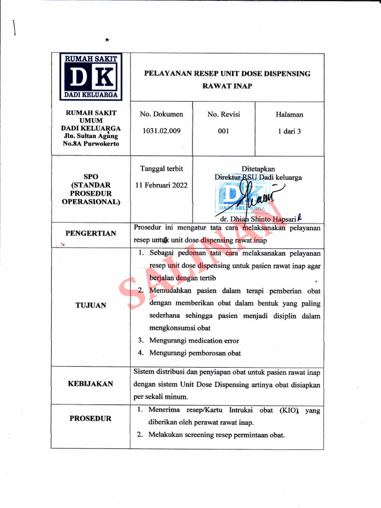 Salinan - Sop Pelayanan Resep Unit Dose Dispensing Rawat Inap | PDF