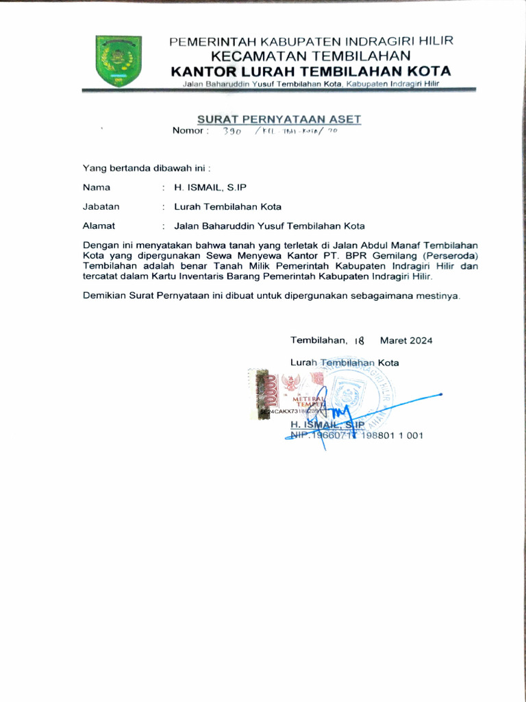 Surat Pernyataan Aset BPR Oleh Lurah | PDF