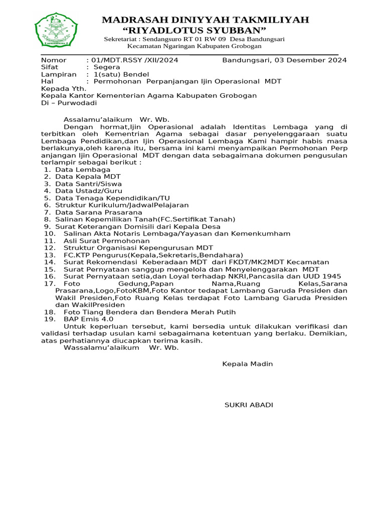 Perpanjangan Ijop Madin RD Syubban 2024 | PDF