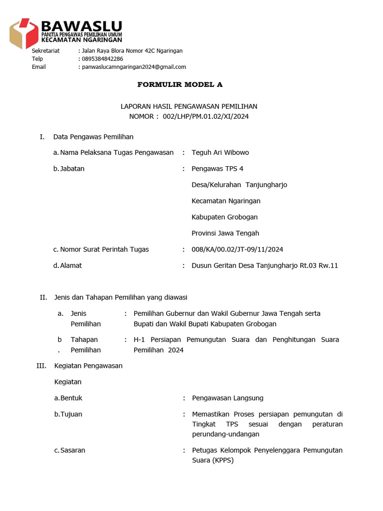 Form A Pengawasan Pilkada 2024 - (H-1 Persiapan Pemungutan ...