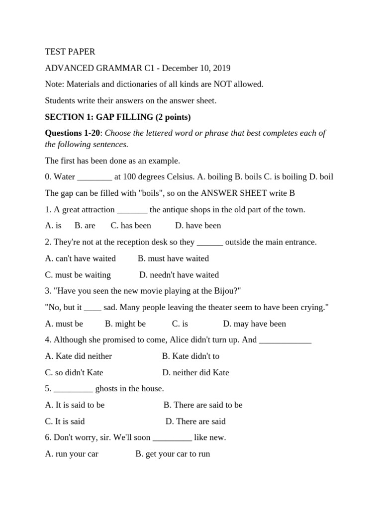 10.12.2021 Test Advanced Grammar C1 | PDF