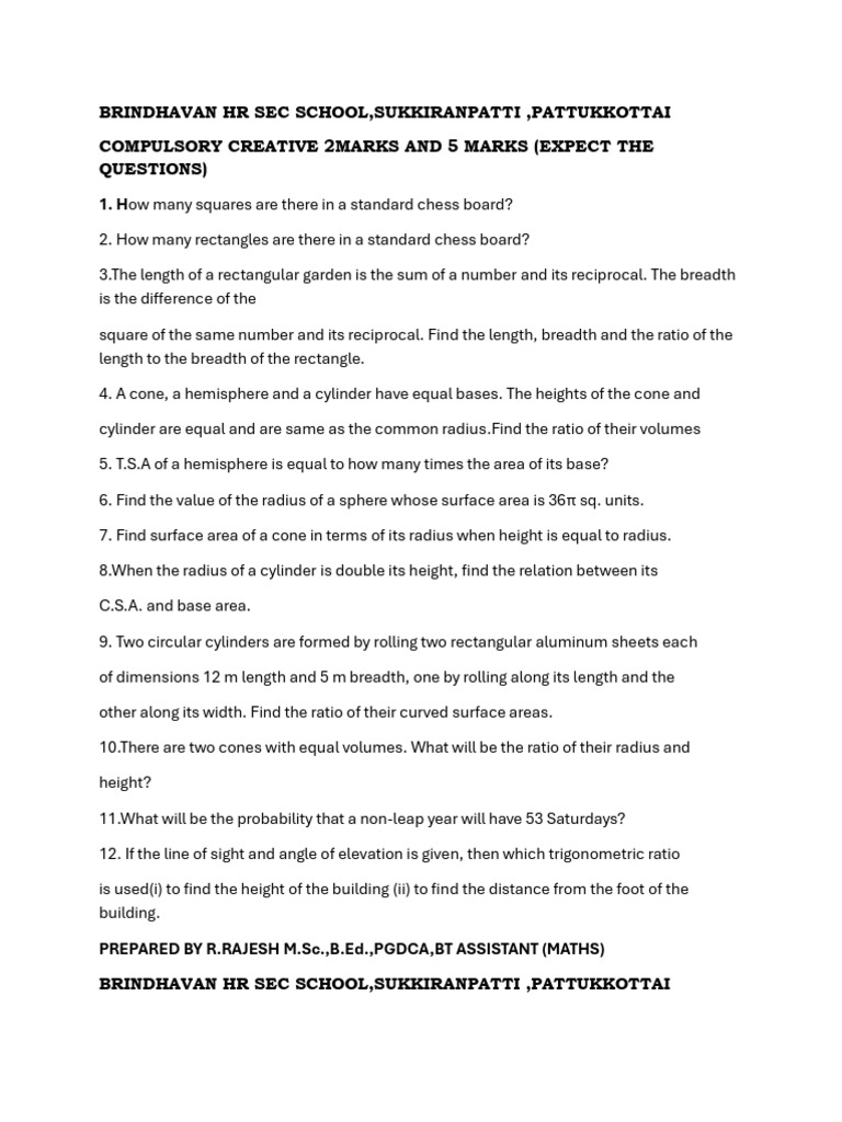 10th Grade Maths Creative Questions | PDF