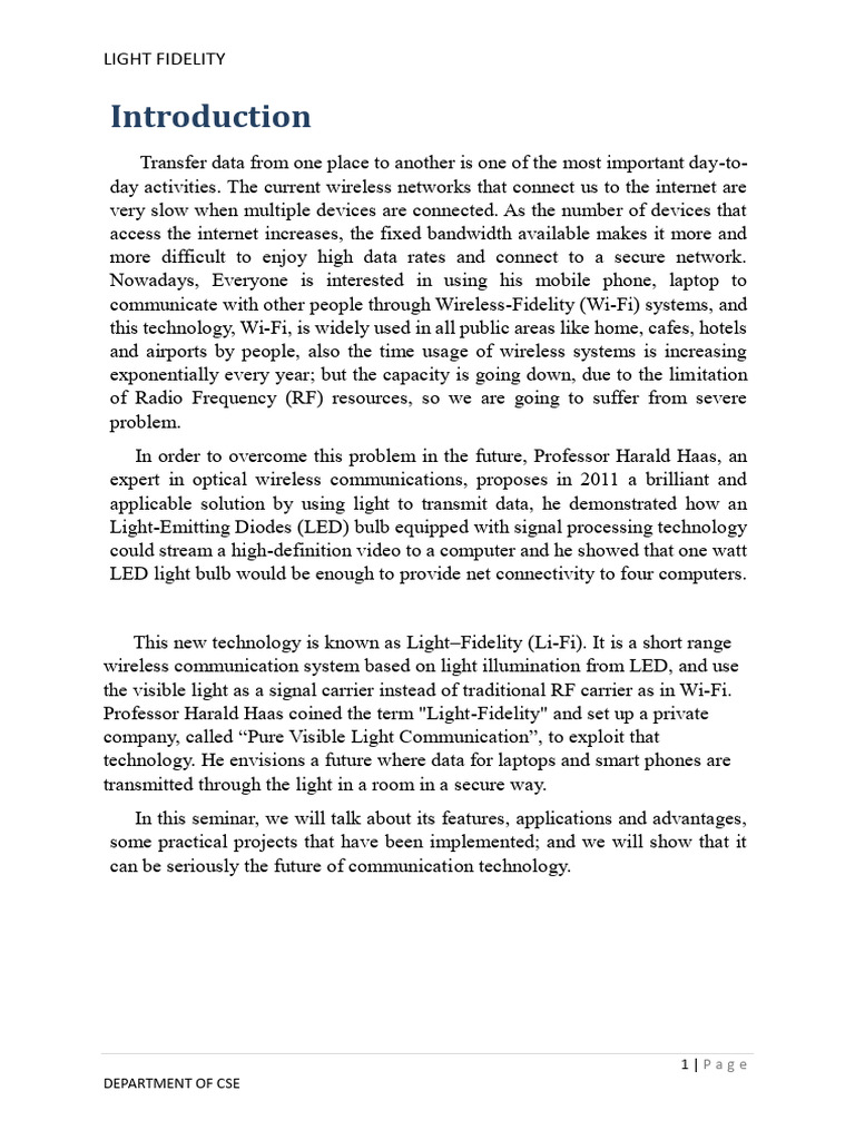 Technical Seminar of Light Fidelity | PDF | Radio | Wi Fi
