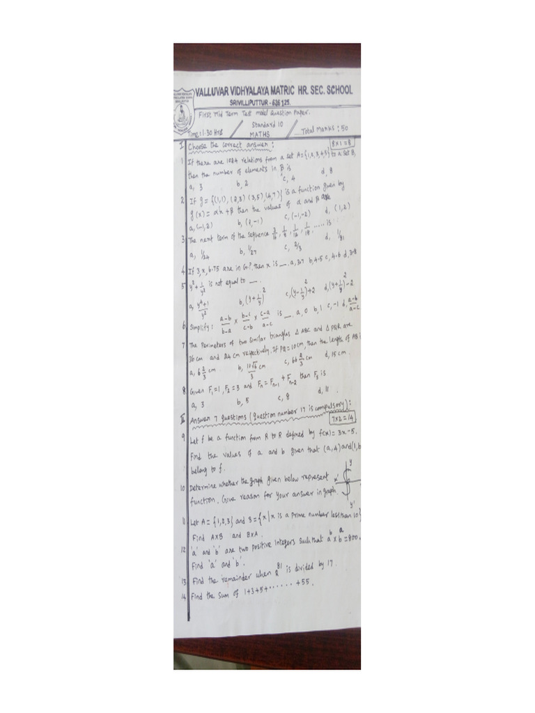 10th Maths 1st Mid Term Test Question Paper English Medium PDF Download ...