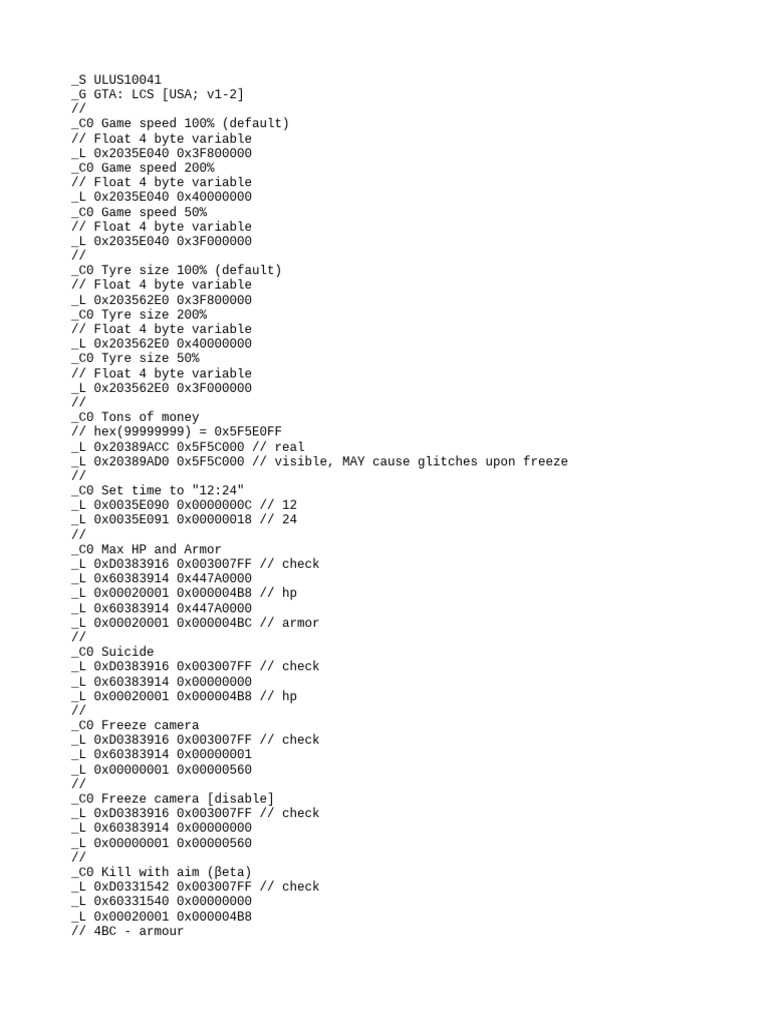 Cheats GTA-LCS ULUS10041 v1-2.PDF | PDF | Vehicles