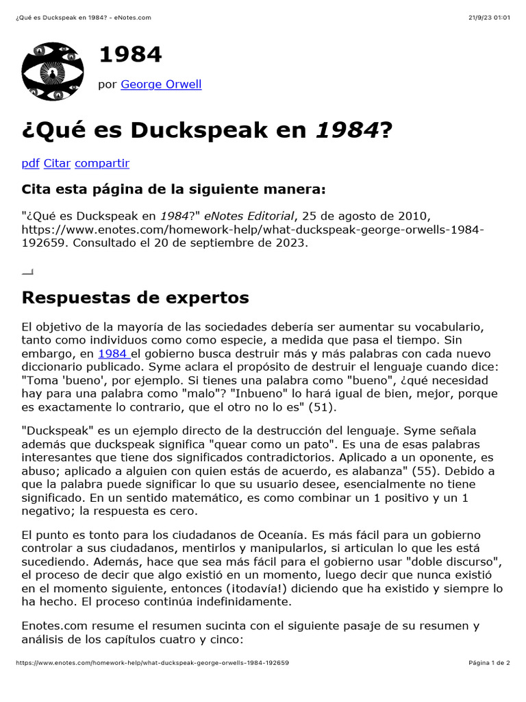 ¿Qué Es Duckspeak en 1984? - Enotes | PDF | Pensamiento | Diccionario