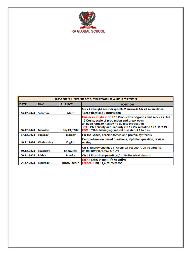 GR 9 UT3 Portion and Timetable | PDF