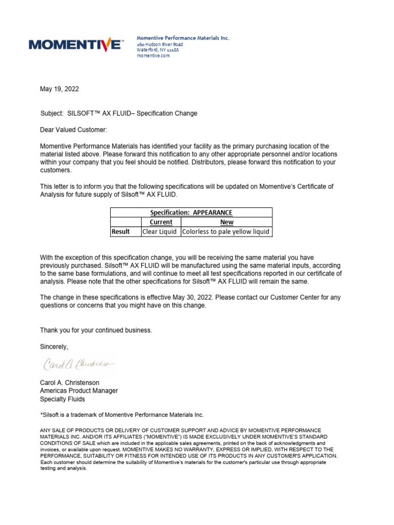Silsoft AX Appearance Specification Change PCN 19-05-22 | PDF