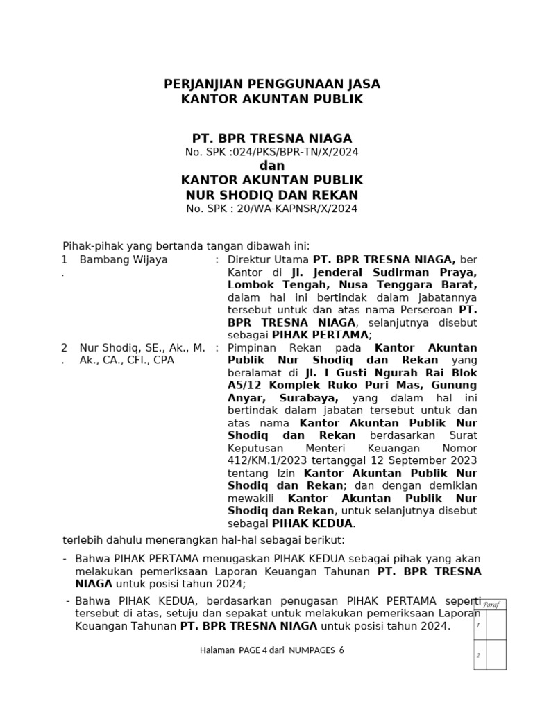 SPK DRAFT - PT. BPR Tresna Niaga - GA. 2024 | PDF