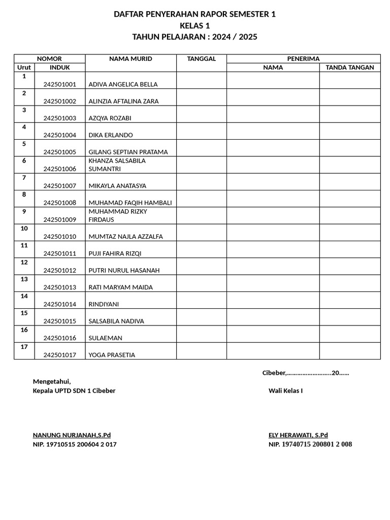 Daftar Penyerahan Rapor Semester Kelas I | PDF