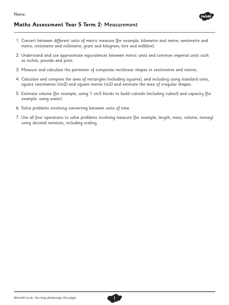 T2 M 1212 Year 5 Maths Assessment Measurement T2 | PDF | Volume | Litre
