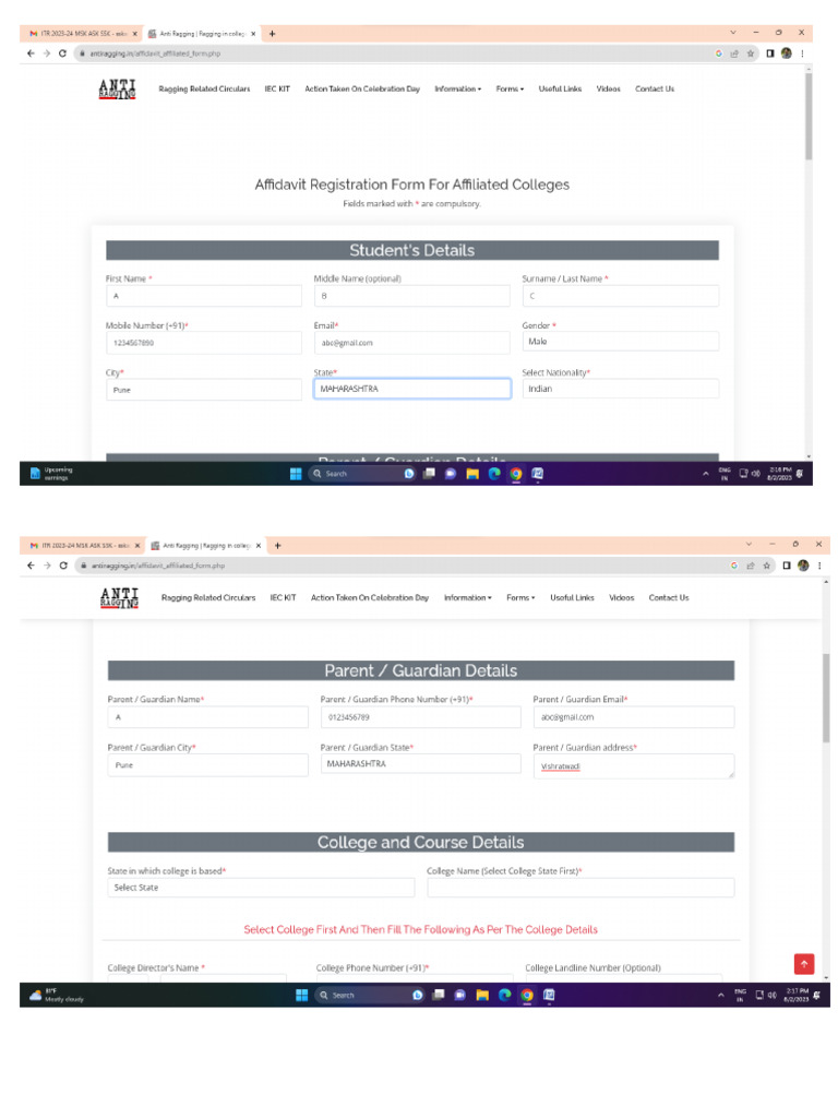Anti Ragging Form Filling Process | PDF