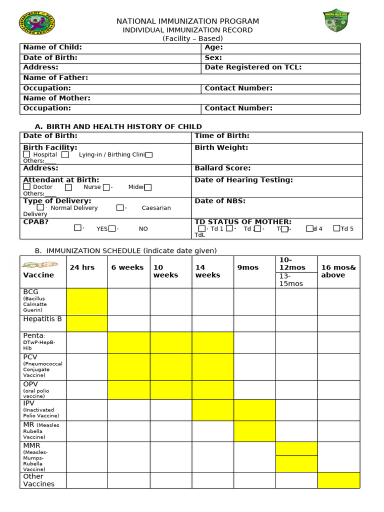 National Immunization Record Form | PDF | Vaccines | Immunology