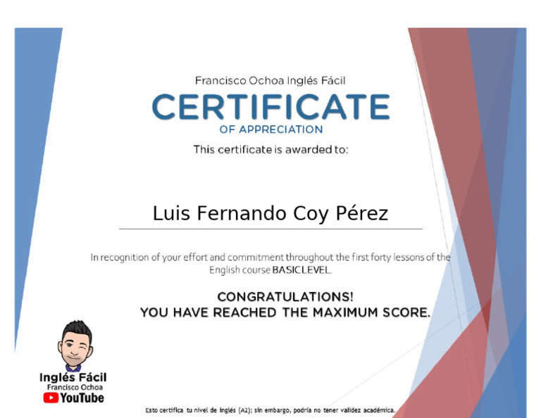 Certificado Prueba 4 Nivel Básico - Curso INGLÉS DESDE CERO Pacho8a | PDF