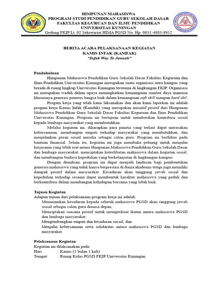 Berita Acara Program Kerja Kamfak - Hima PGSD 2024 | PDF
