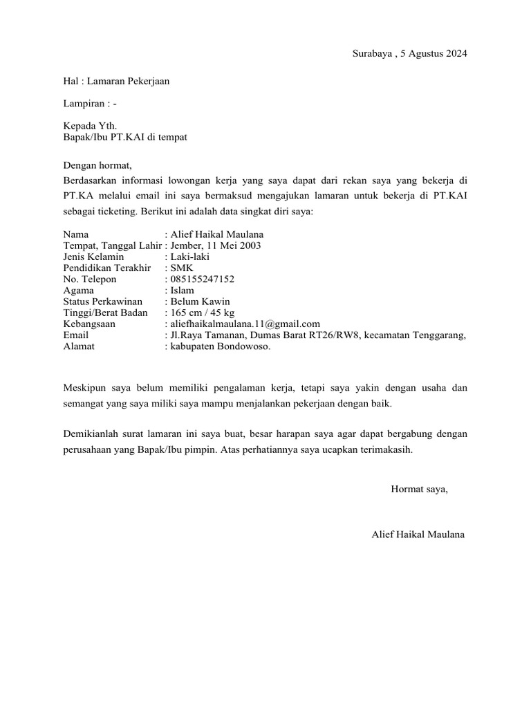 lamaran kerja PT.KAI | PDF