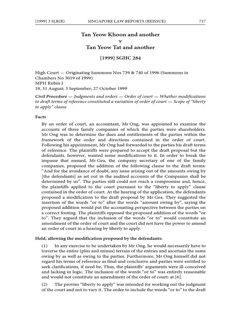 TAN YEOW KHOON & ANOR v TAN YEOW TAT & ANOR (NO 2) [1999] SGHC 284 ...