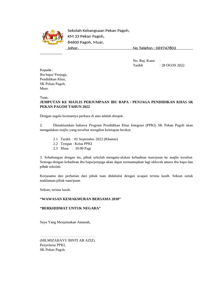 SURAT JEMPUTAN IBUBAPA PPKI 2022 | PDF