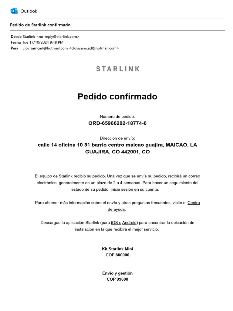Pedido de Starlink confirmado_ clovis alexis mendoza ramirez | PDF