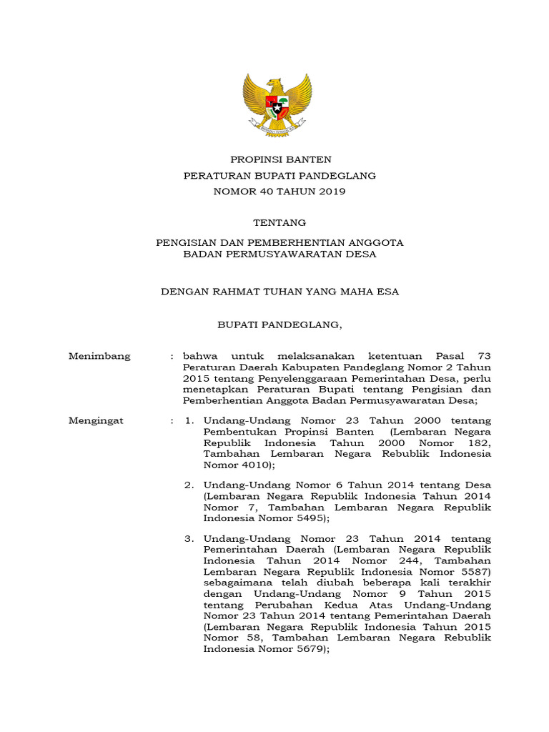 Perbup Nomor 40 Tahun 2019 Tentang Pengisian Dan Pemberhentian Anggota BPD | PDF