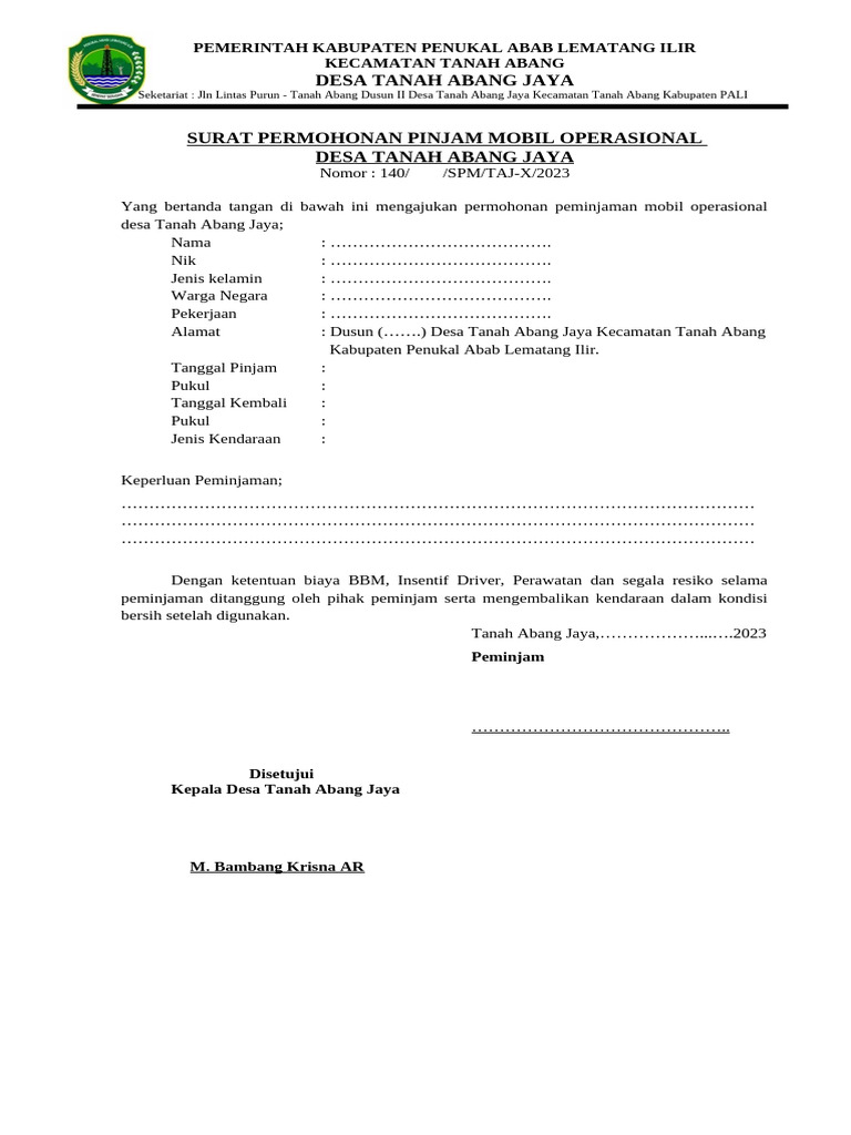 SURAT PERMOHONAN PINJAM MOBIL | PDF