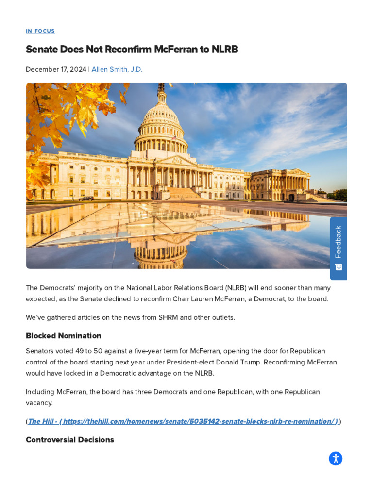 Senate Does Not Reconfirm McFerran To NLRB | PDF