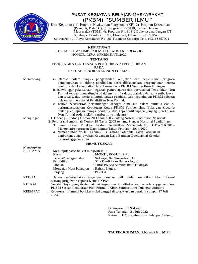 SK Tutor PKBM 2022-2024 PAKET A | PDF