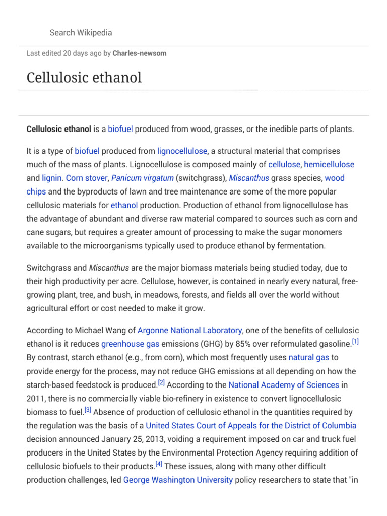 Cellulosic ethanol - Wikipedia, the free encyclopedia | PDF | Cellulosic Ethanol | Sustainable ...