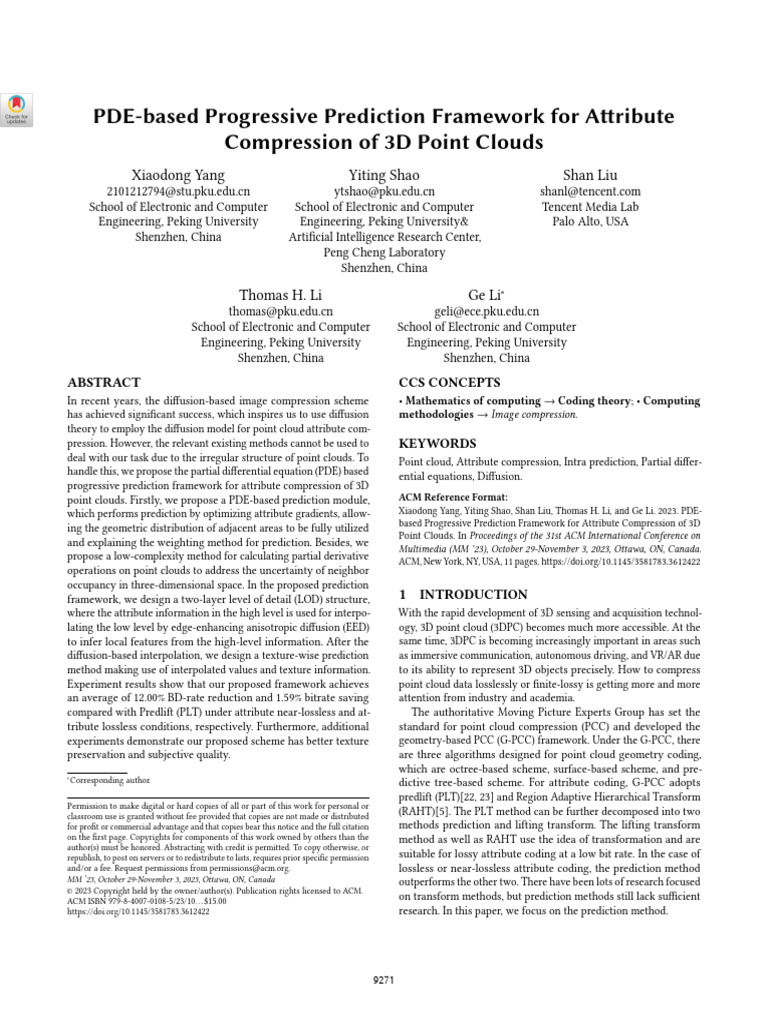 PDE Based Progressive Prediction Framework For Attribute Compression of 3D Point Clouds | PDF ...
