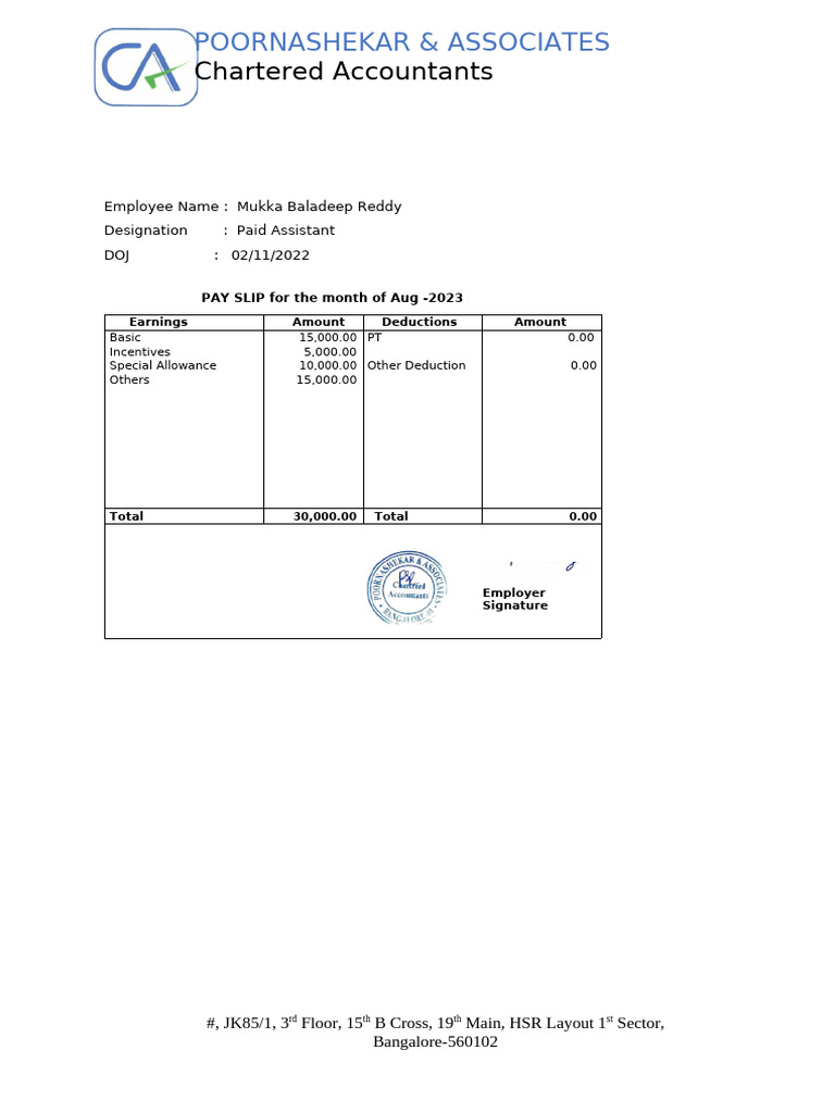 August 2023 Pay Slip: Mukka Baladeep Reddy | PDF