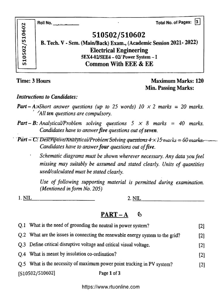 Btech Eee Ee 5 Sem Power System 1 510502 2022 | PDF Btech Eee Ee 5 Sem Power System 1 510502 2022 | PDF