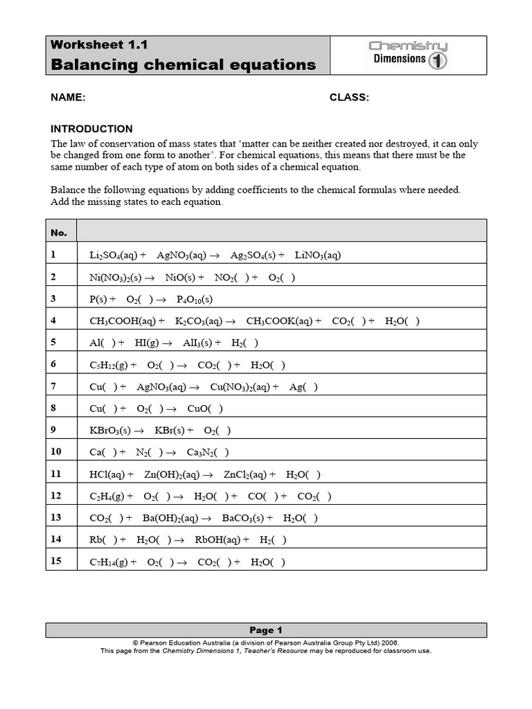 Balancing Chemical Equations Worksheet | PDF
