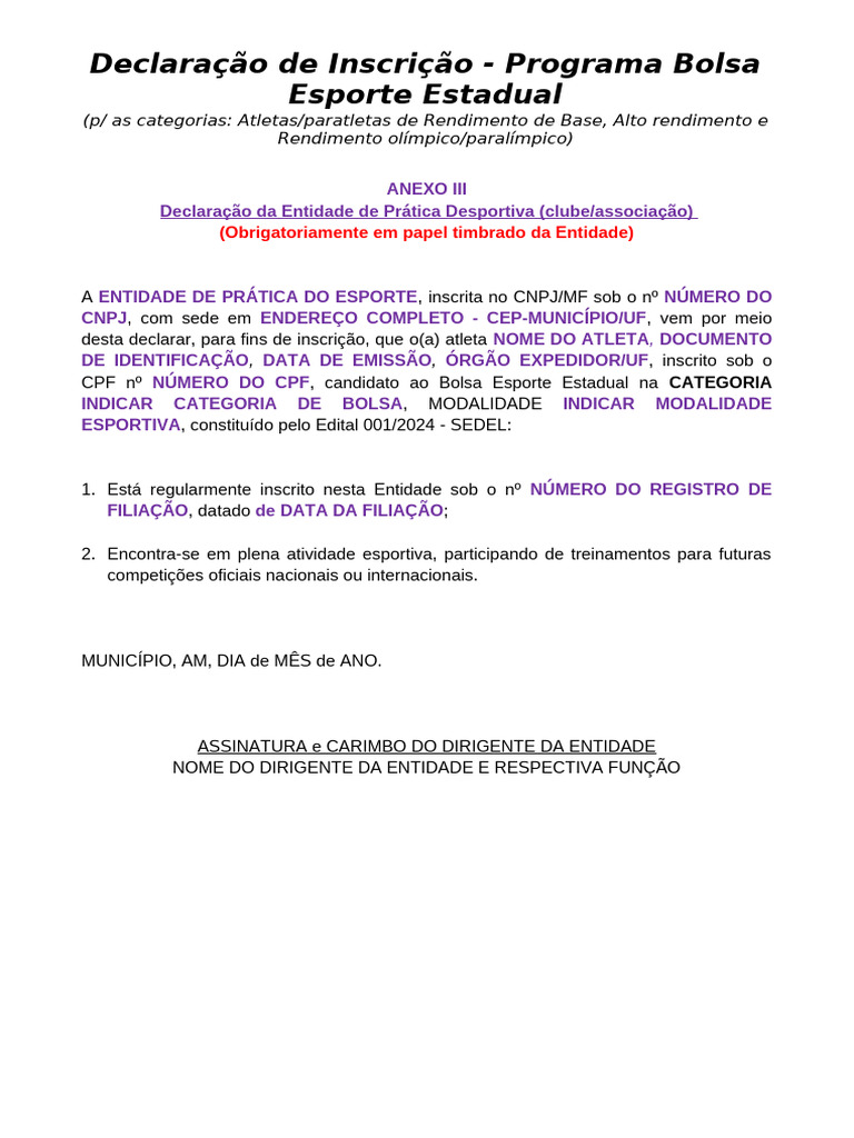 Anexo III Declaracao Da Entidade de Pratica Desportiva Clube Associacao ...