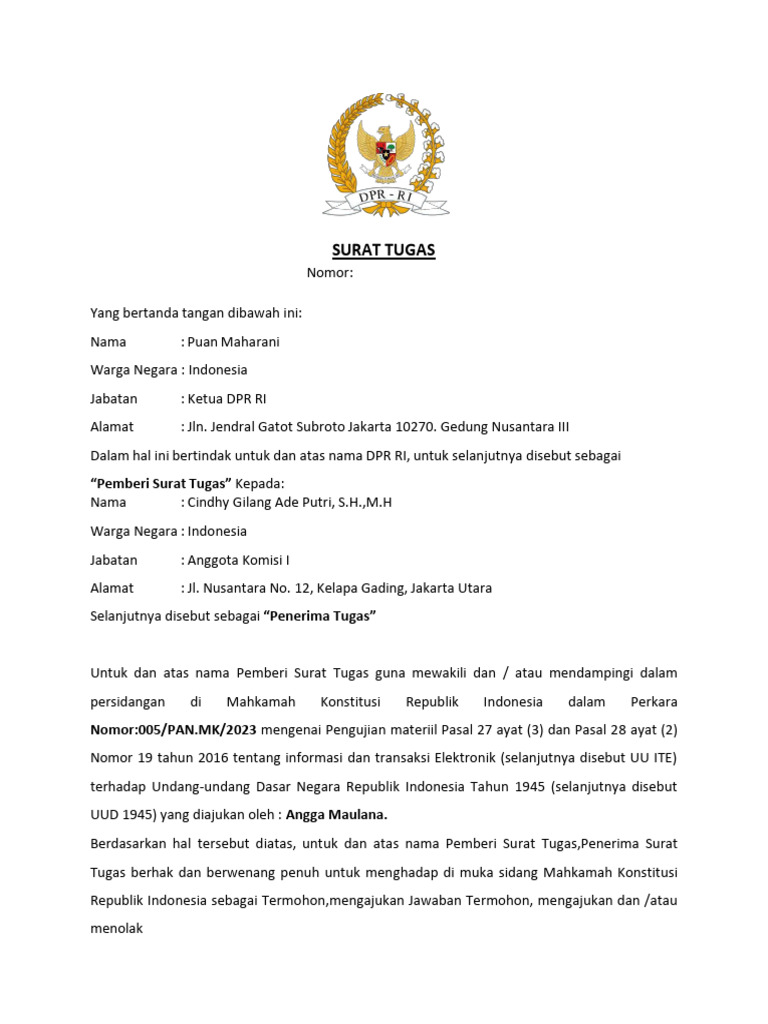 SURAT TUGAS DPR RI_CINDHY | PDF