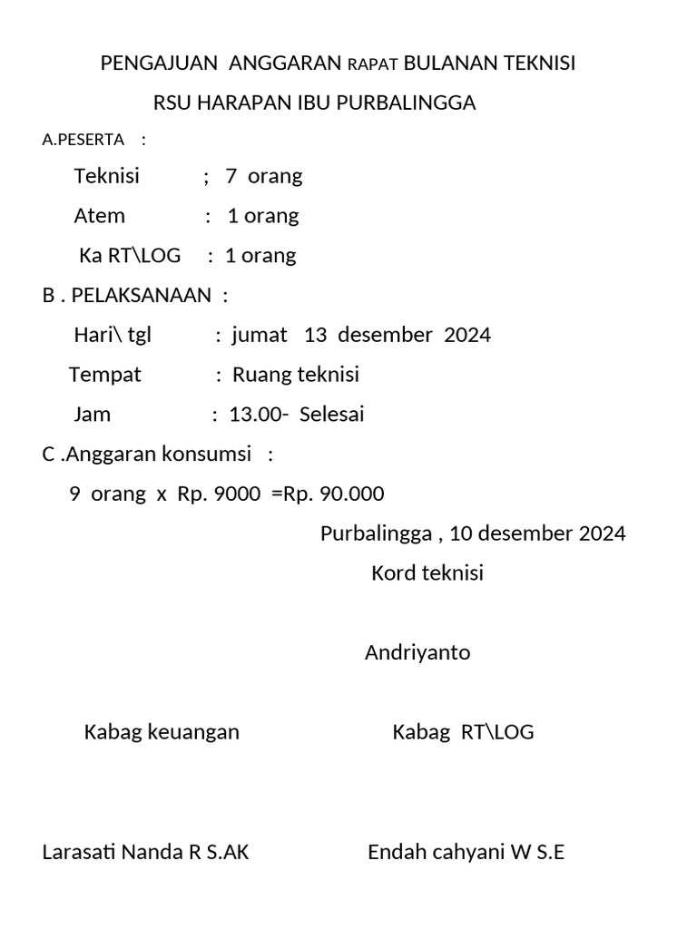 Anggaran Rapat Teknisi RSU | PDF