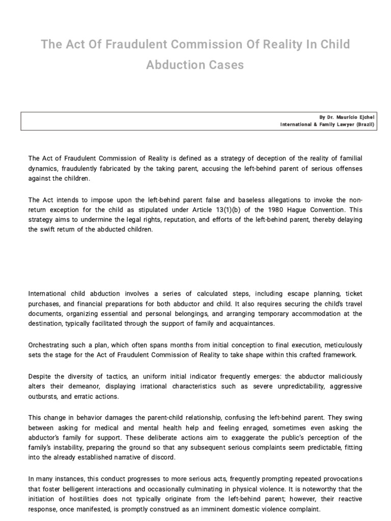 Act of Fraudulent Commision of Reality - Hague Child Abduction | PDF | Violence | Justice