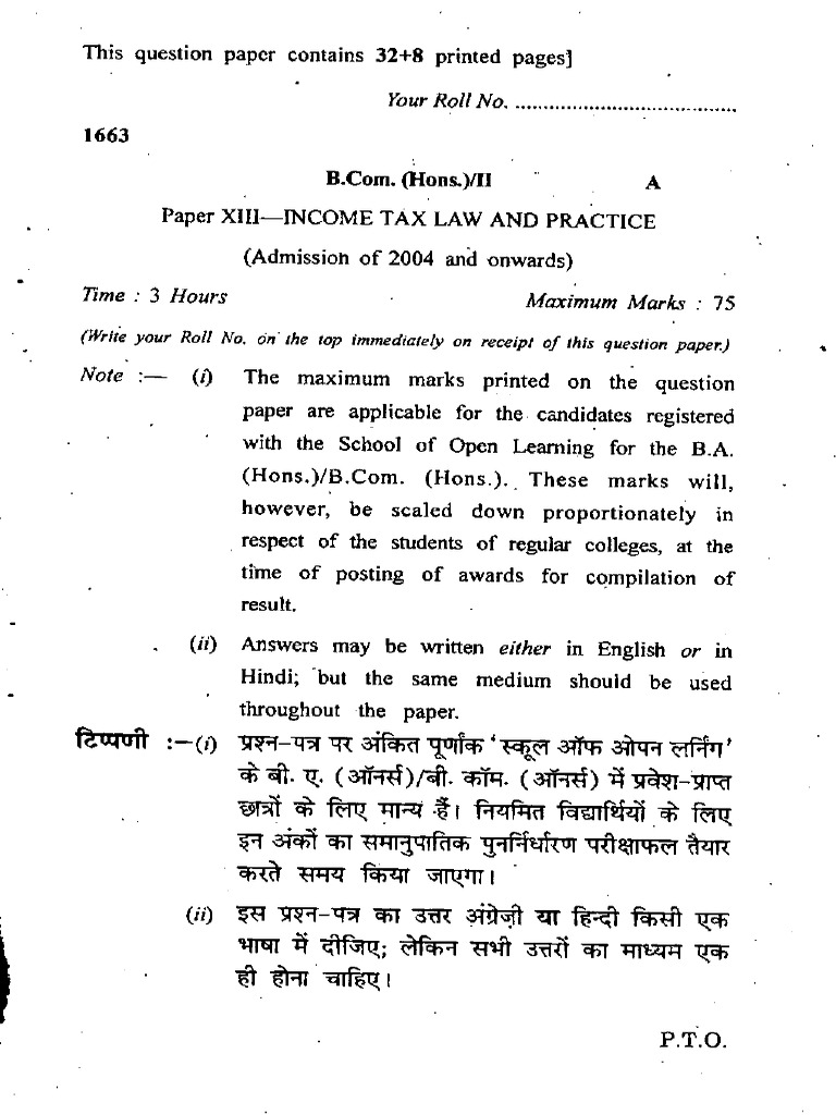 (Hons) - II Paper Xiii - Income Tax Law and Practice | PDF