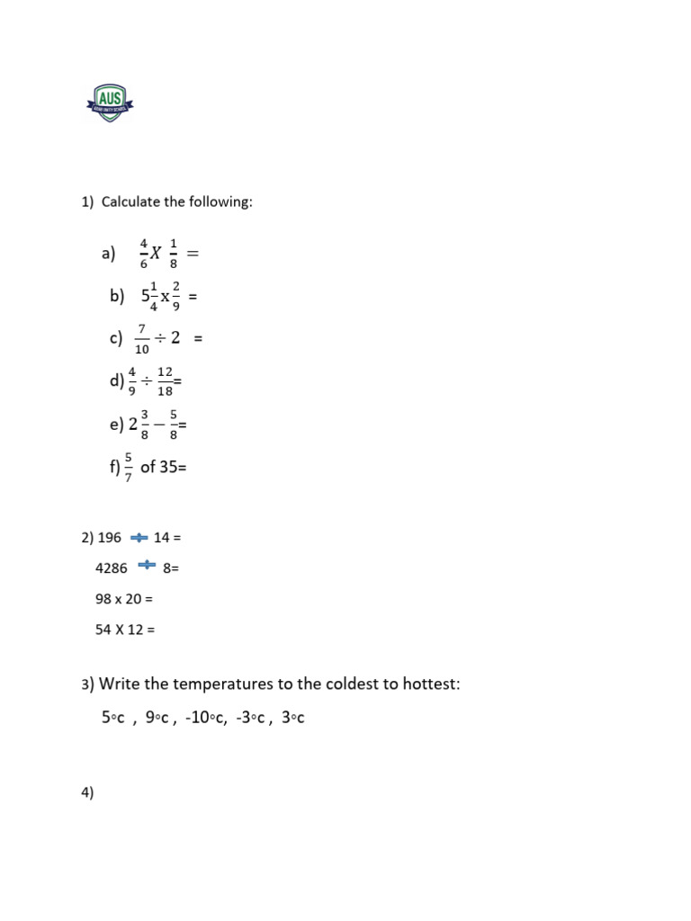 Math Revision WS Yr6 | PDF