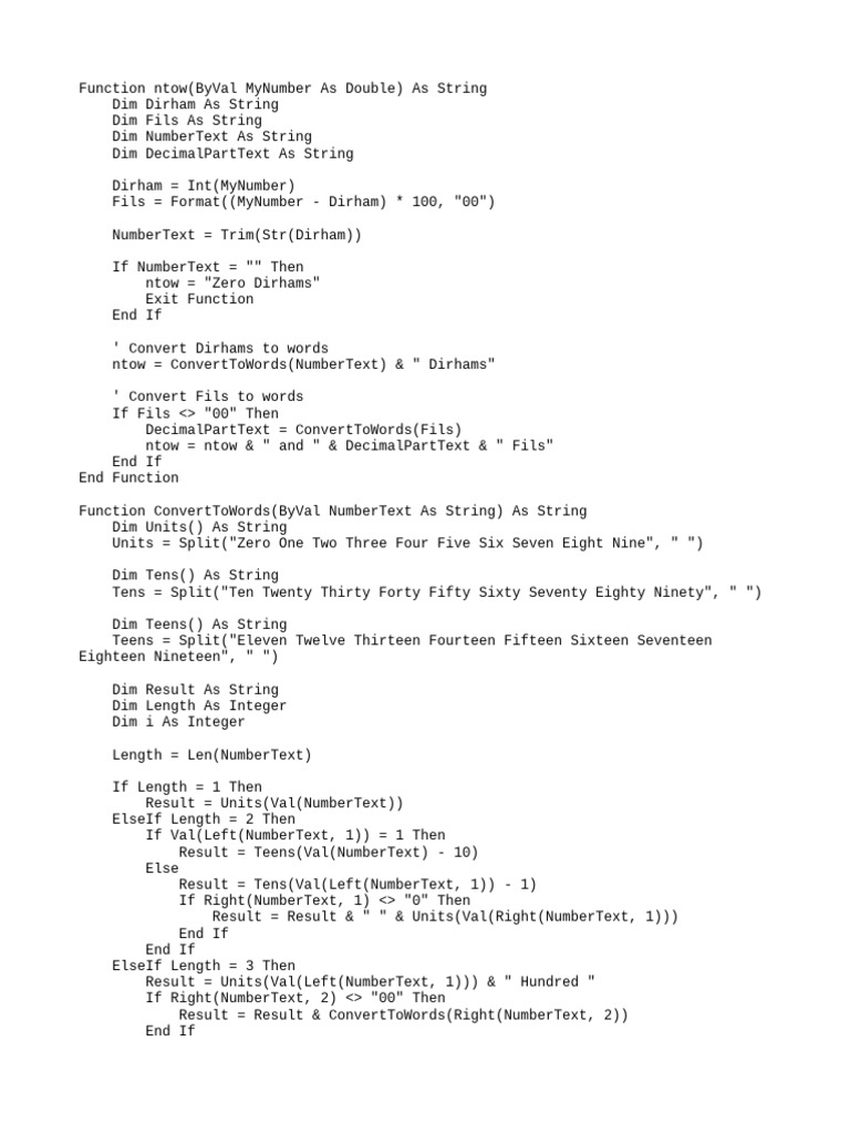 Function Ntow (ByVal MyNumber As String | PDF