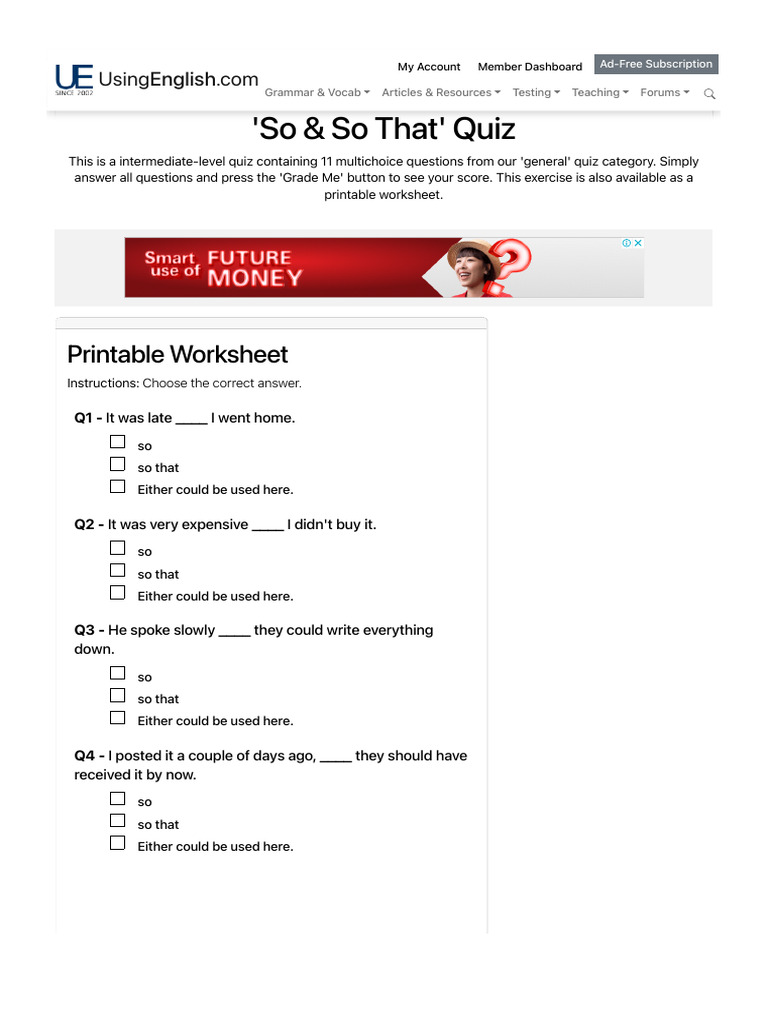 'So & So That' Quiz - Exercise & Worksheet | PDF