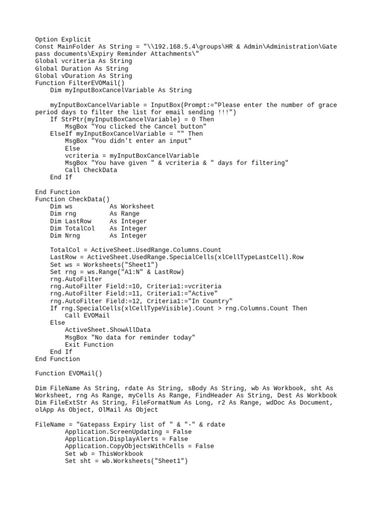 Gate Pass Reminder Email Macro Final | PDF | Computer Programming | Computing