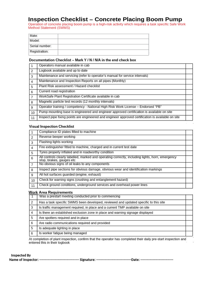 Concrete Placing Boom Pump Checklist | PDF