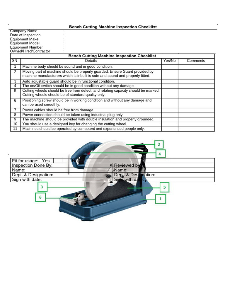 Bench Cutting Machine Inspection Checklist | PDF