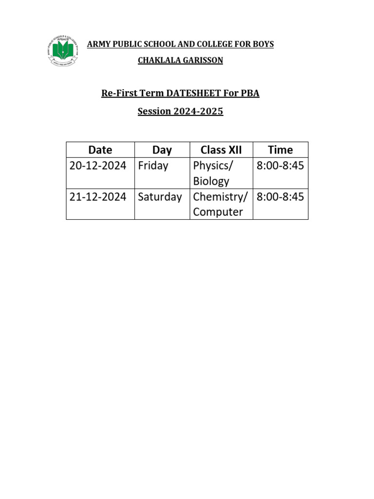 Re First Term Datesheet For Pba 1 Pdf
