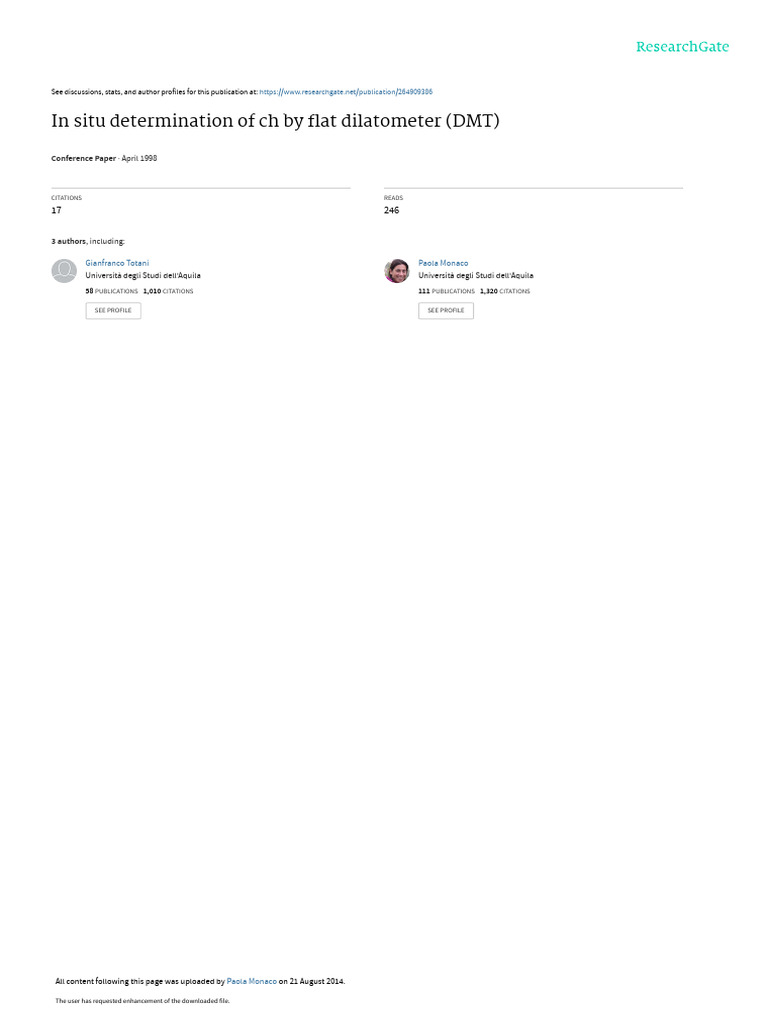 In situ determination of ch by flat dilatometer (DMT) | PDF