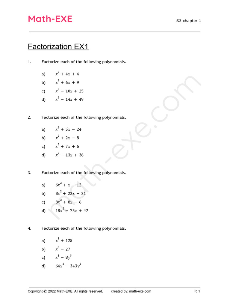s3 ch1 Factorization Ex1 Eng | PDF | Algebra | Mathematics