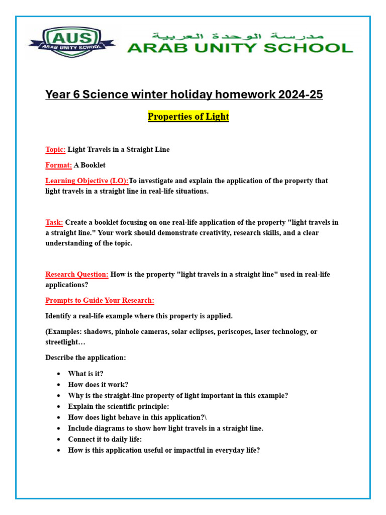 Year 6 Science Winter Holiday Homework 2024 | PDF